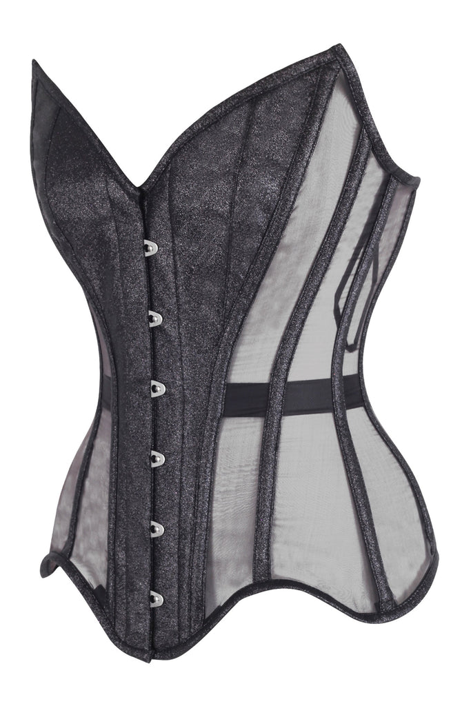 Midnight Sheer Mesh Corset – Shimmer Black Lace-Up Waist Cincher