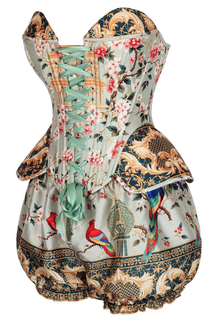 Ornate Aviary Overbust Corset Romper – Floral Tapestry & Songbird Prin