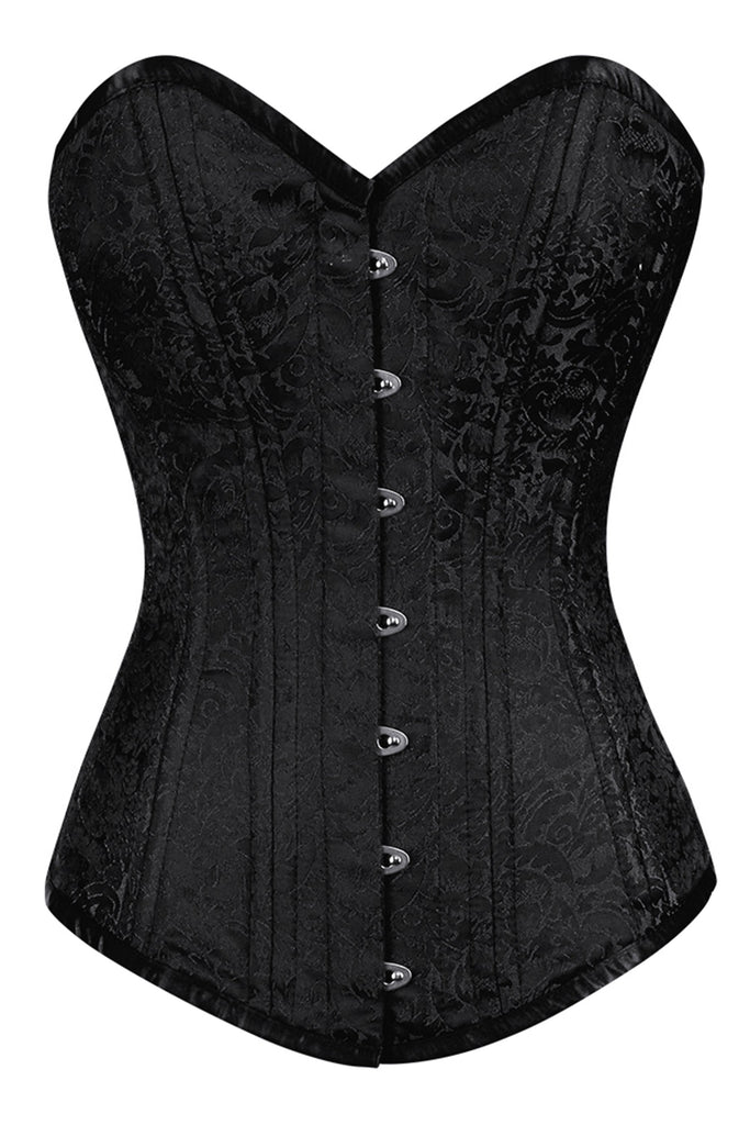 Satin Black Brocade Overbust Corset with Front Busk Closure