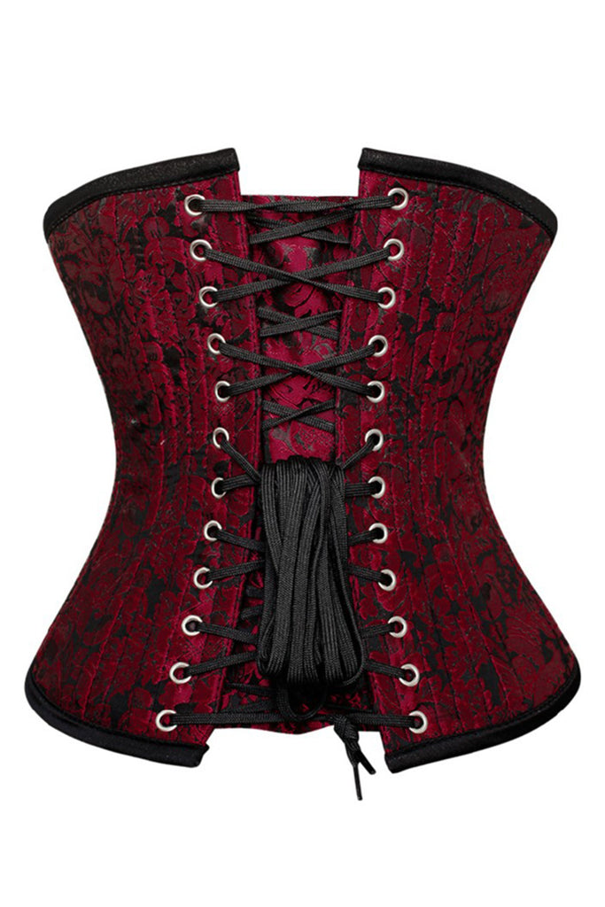 Burgundy and Black Brocade Underbust Corset with Front Busk Closure