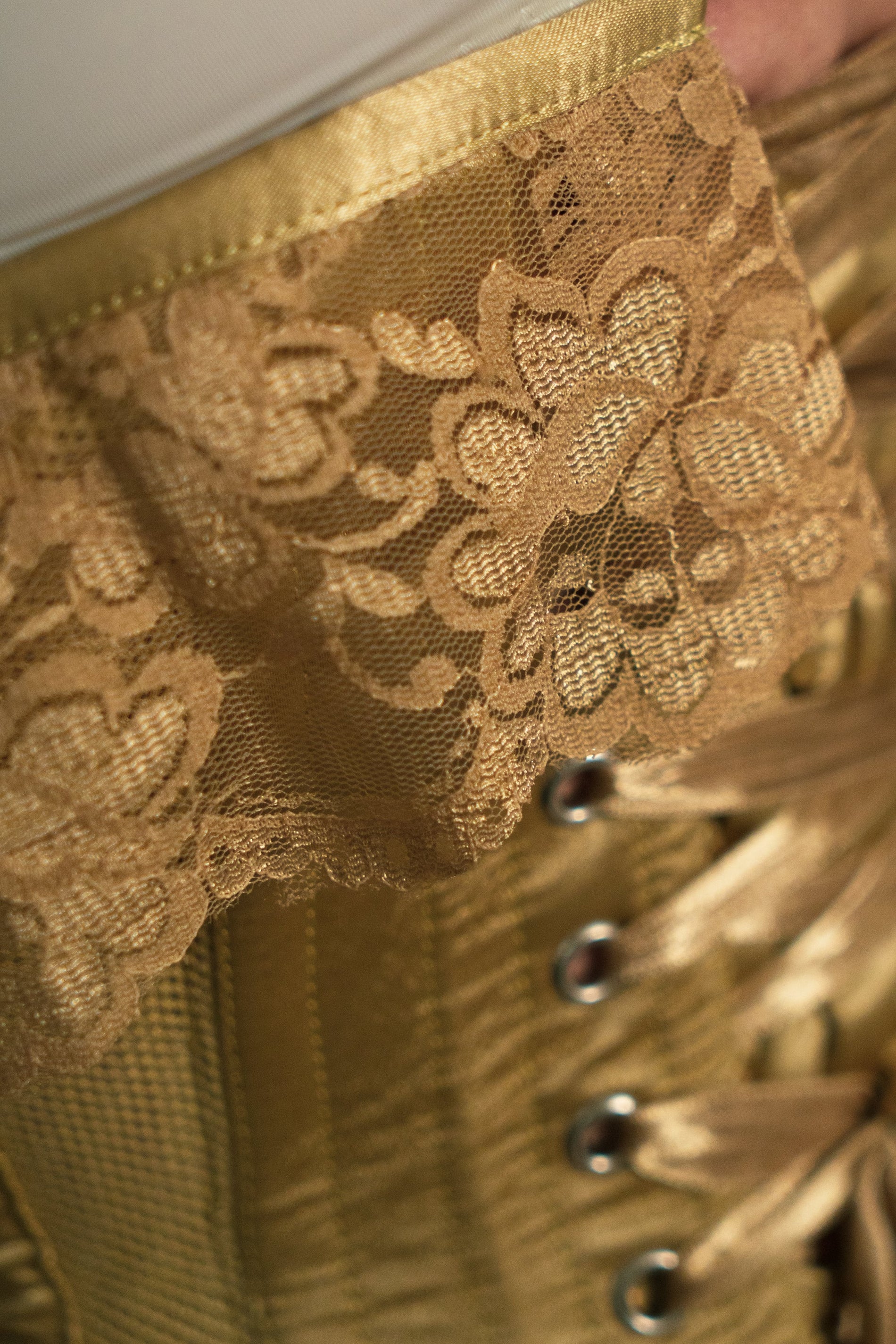 Gold Satin Bridal Corset with Super Fine Mesh Panels